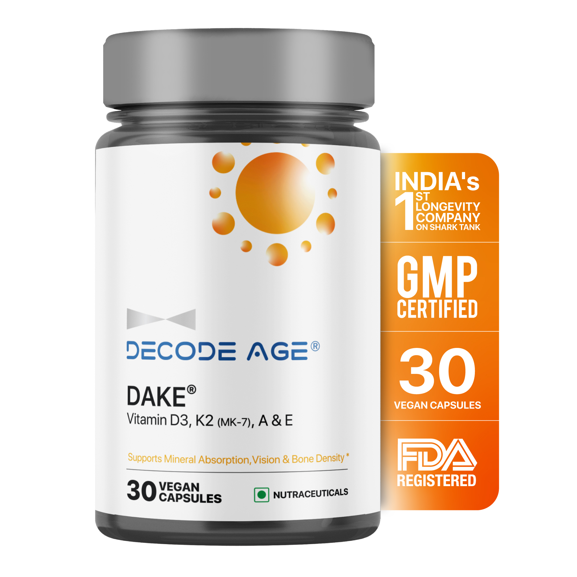 Decode Age DAKE® Vitamin D3, K2 (MK7), A & E ( 30 Caps) | NUTRABAY™